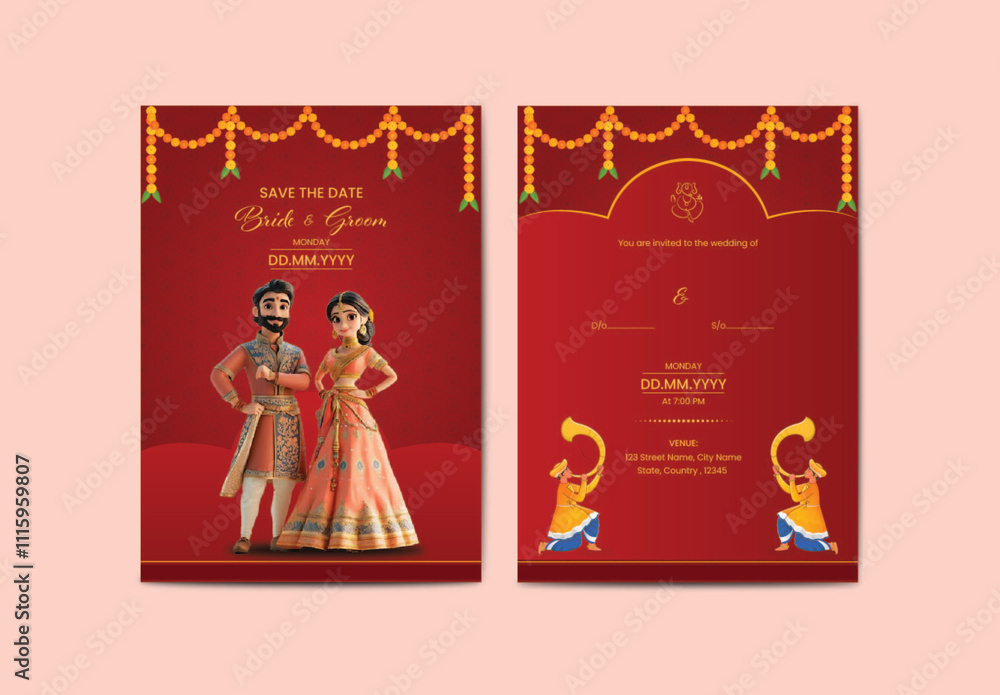 Fully editable, Hindu Wedding Invitation Card Design with 3D Render ...