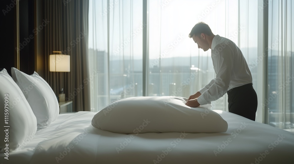 Hotel staff member makes bed in a modern room with large windows ...