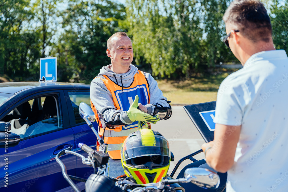 Motorcycle driving school training with safety focus and road signs ...
