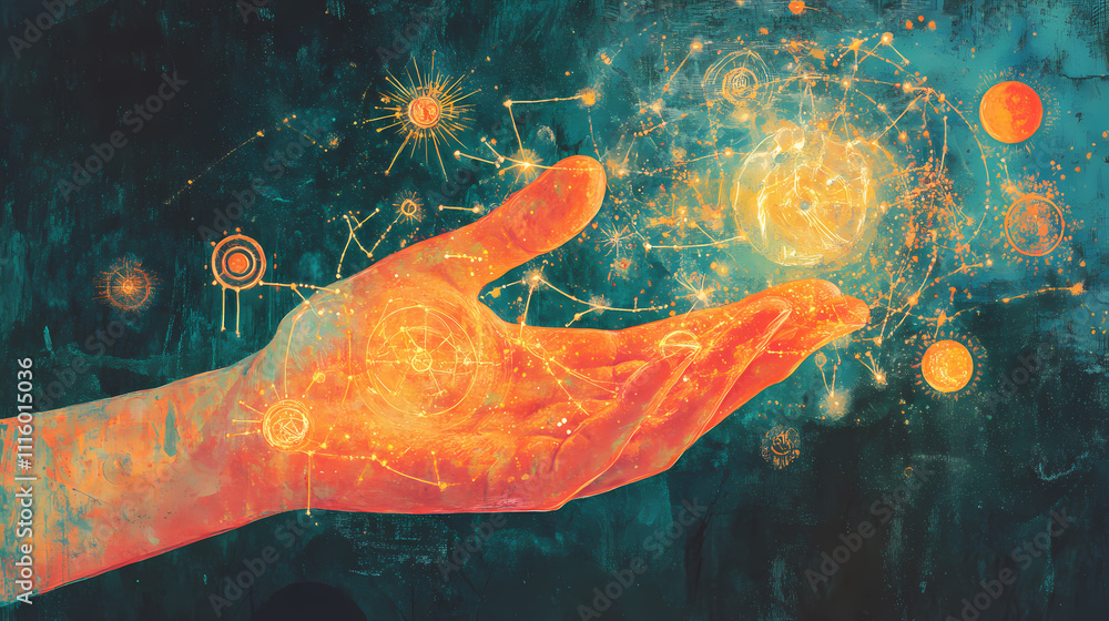 Mystical floating hand with zodiac and planetary symbols representing ...
