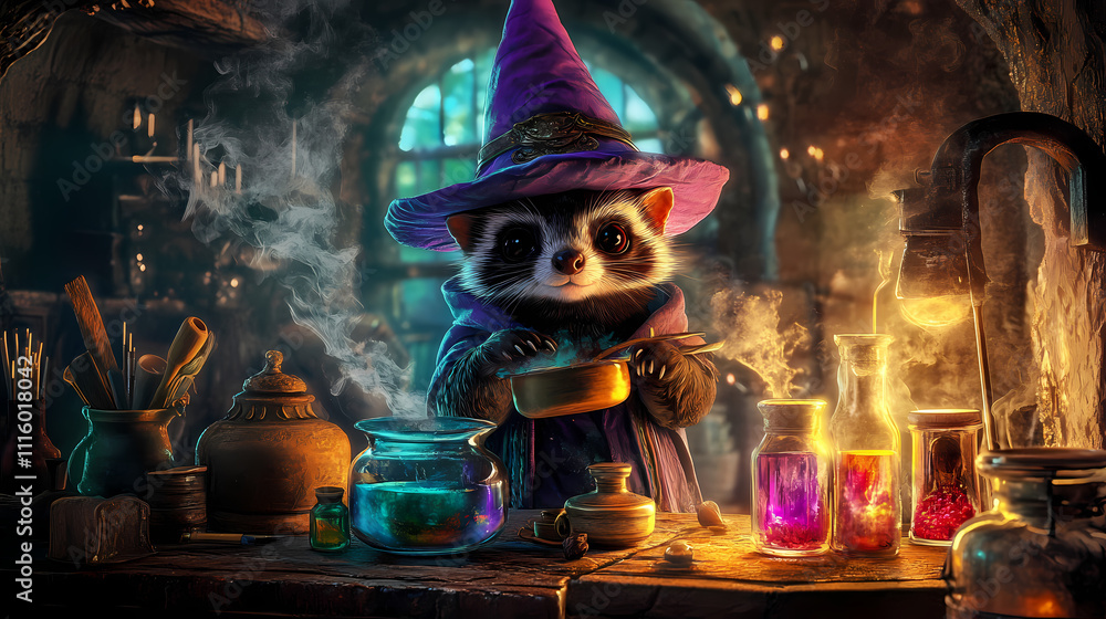Ferret with a pointed wizard hat, mixing colorful potions in an ancient ...
