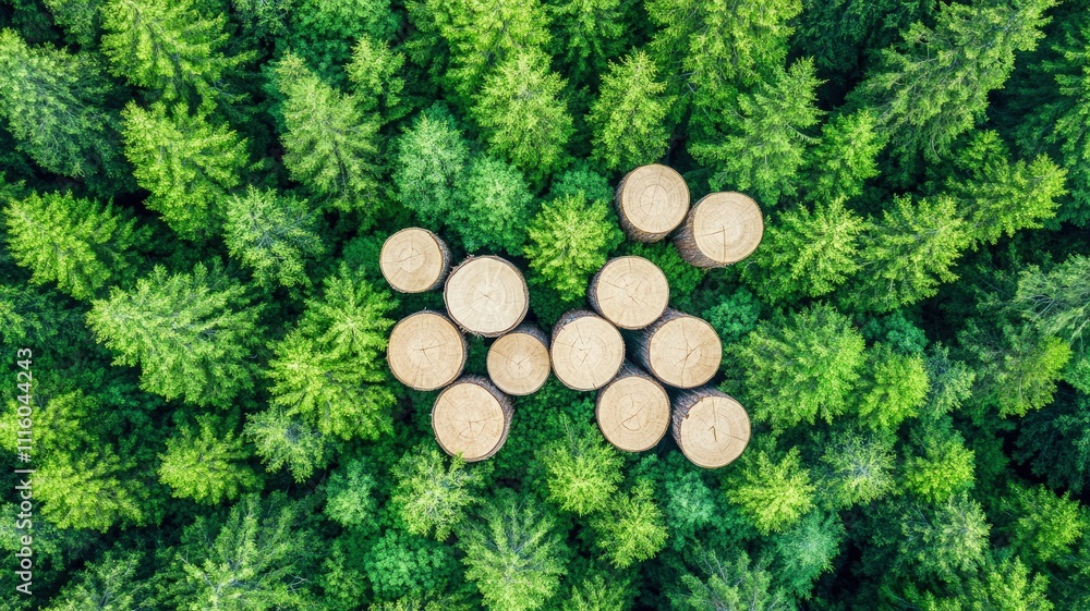 Aerial view of tree stumps surrounded by dense green forest ...