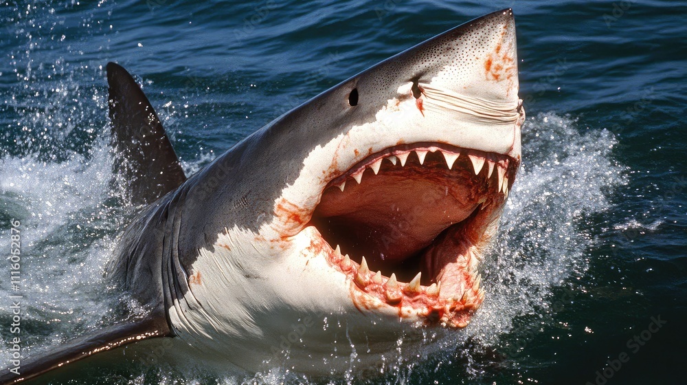 The great white shark bursts from the sea, its jaws wide open ...