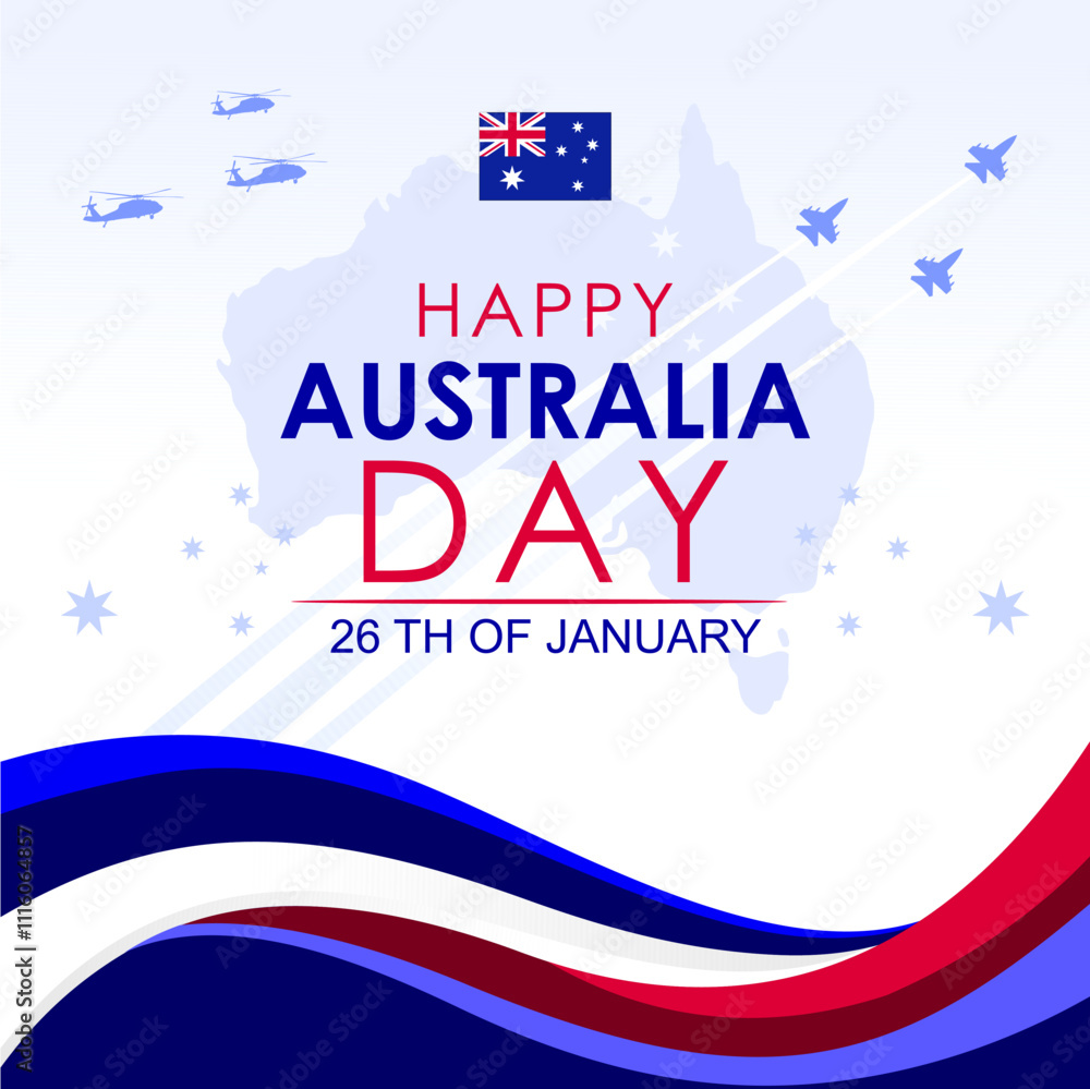 Happy Australia day with silhouette of Australia map, fighter jet, and ...