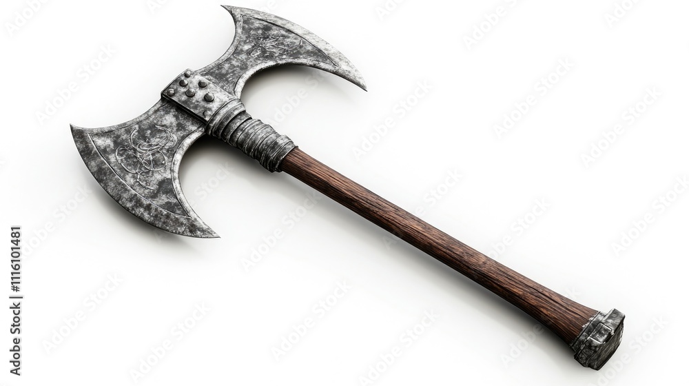 Vintage double-headed metal axe with a weathered finish and wooden ...