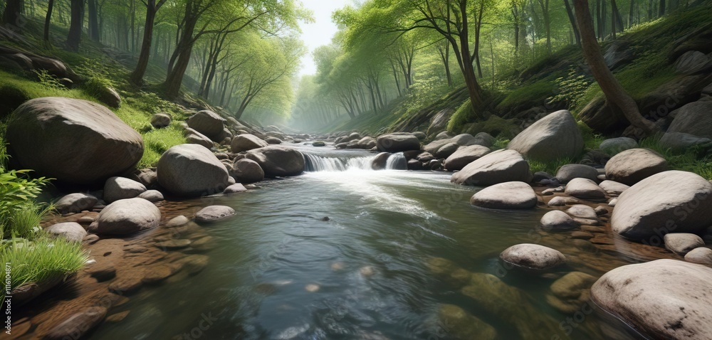 The gentle voice of a river flowing over smooth rocks in a spring ...