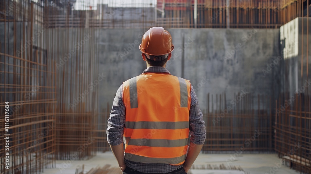 Construction worker observes the skeletal framework of a building site ...