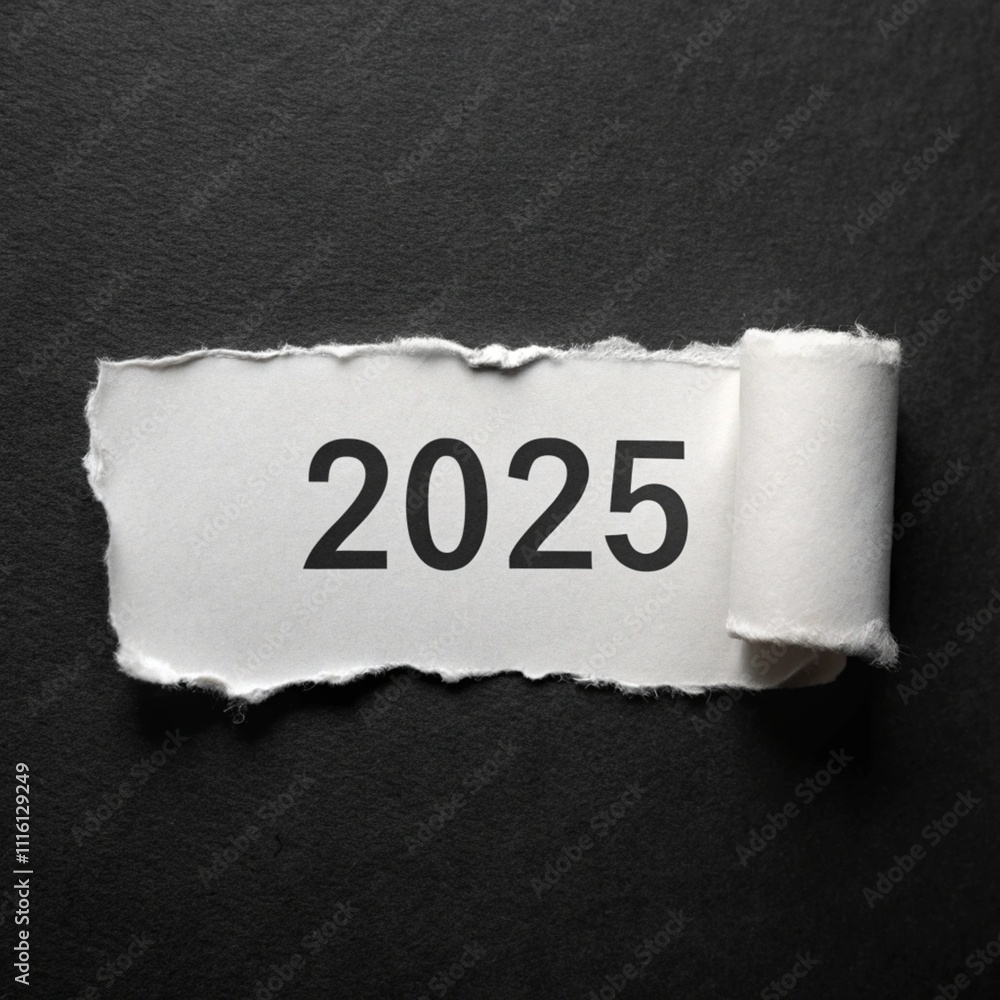 Design text 2025 on white roll paper background on black background ...