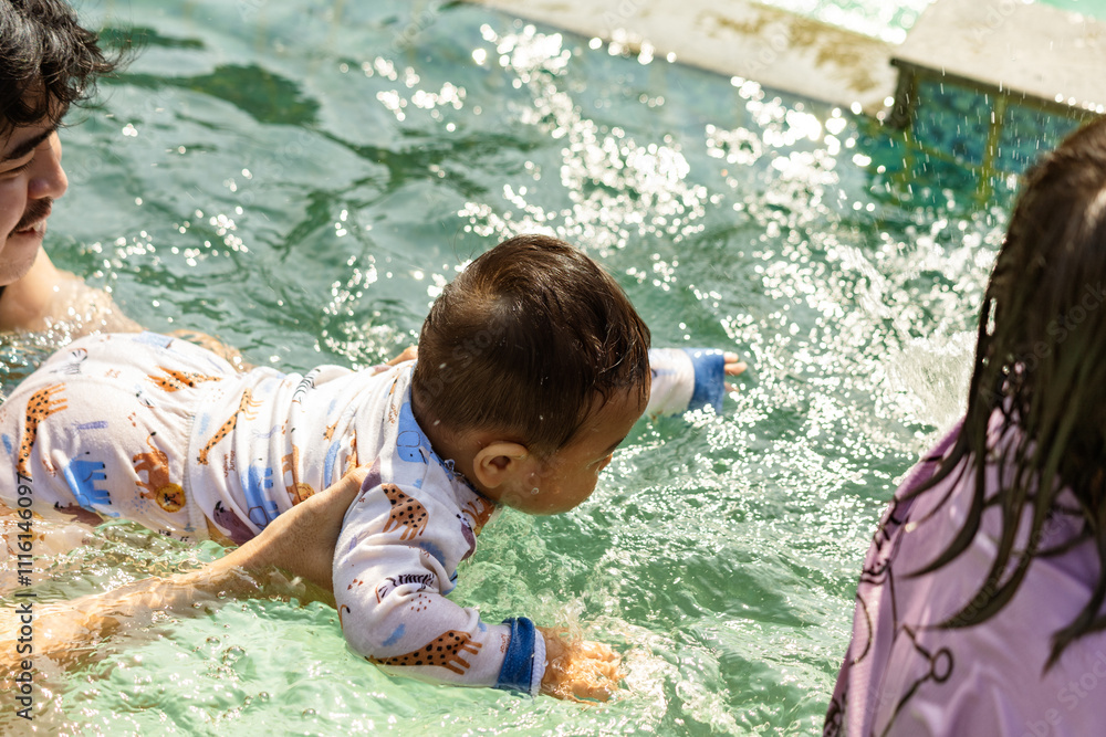 Little Boy Exploring the Water for the First Time. Excited Baby Boy ...