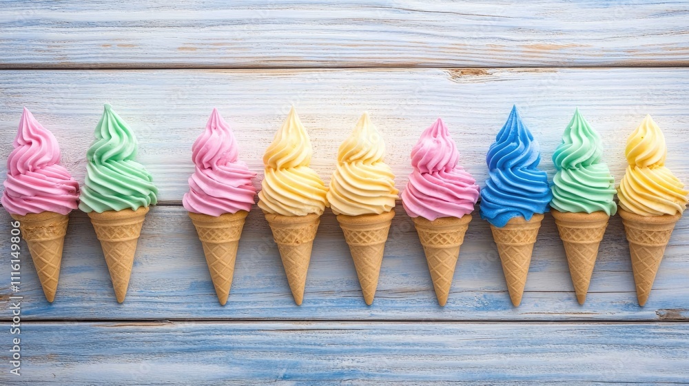 Colorful ice cream cones arranged in a row symbolizing innovative e ...
