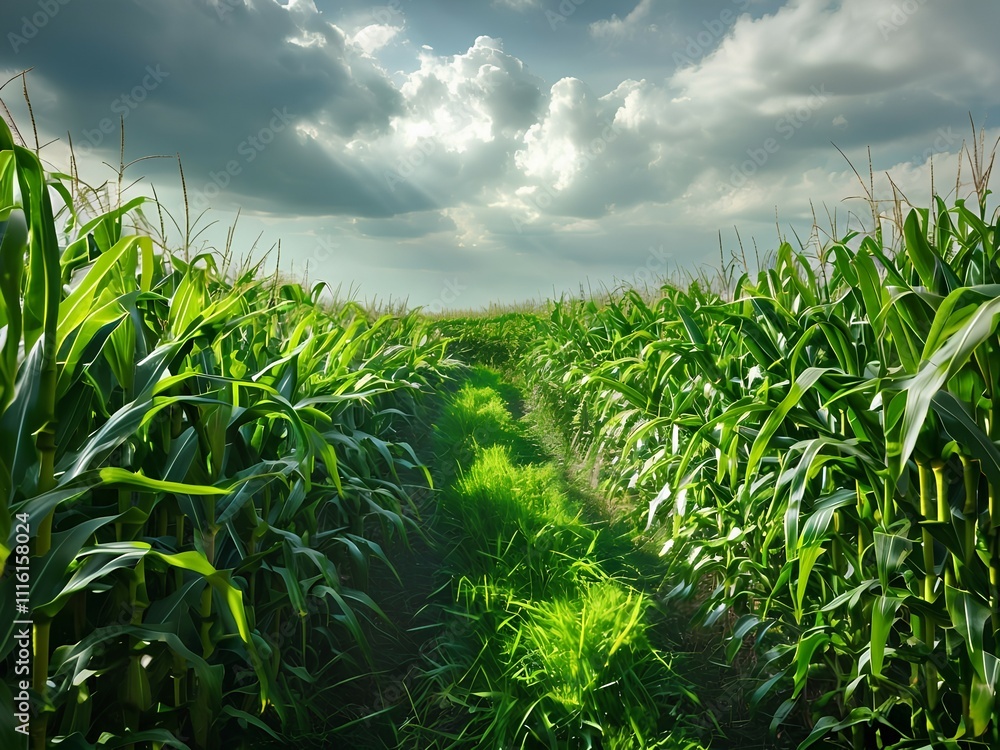 Agricultural field with rows of green maize crops, cornfield in a rural ...