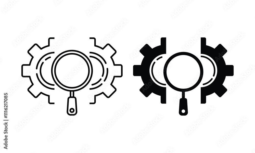 Magnifying Glass with Gears Line and Silhouette Icon Set. Search ...