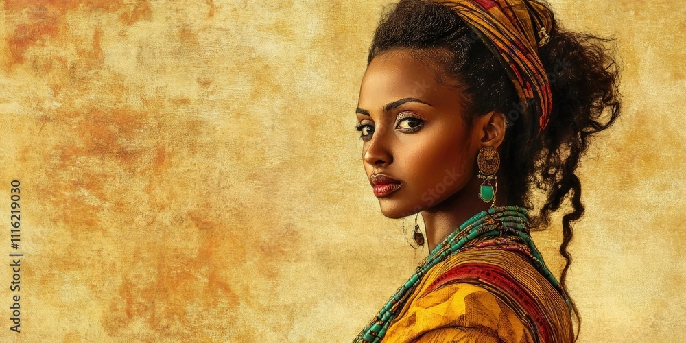 A depiction of a woman showcasing the classic Habesha traditional style ...