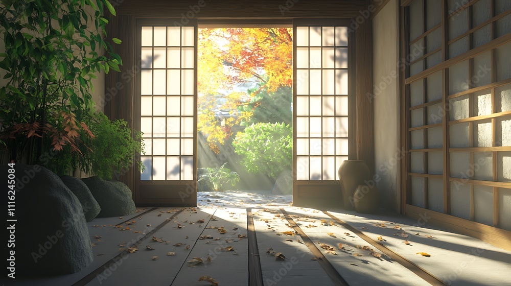 Sunlight Streaming Through Shoji Screens in a Japanese Home Stock ...