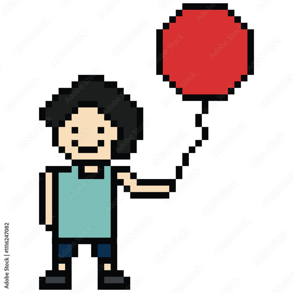 Cute pixel cartoon character boy kid child hold or play balloon bump ...