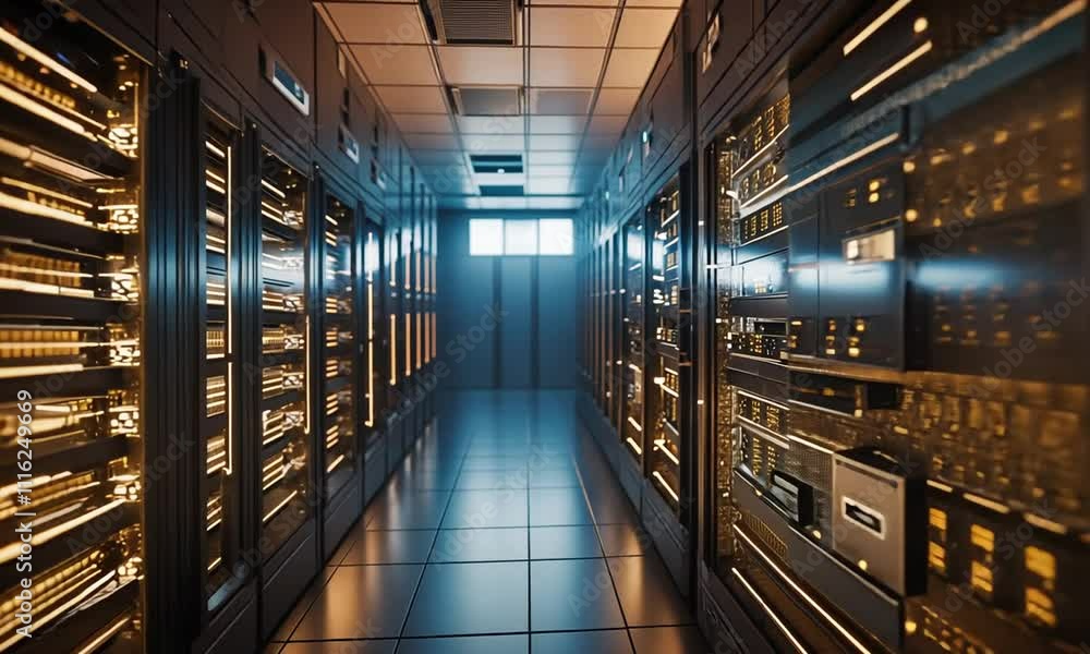 A long corridor lined with rows of server racks. The racks are lit with ...