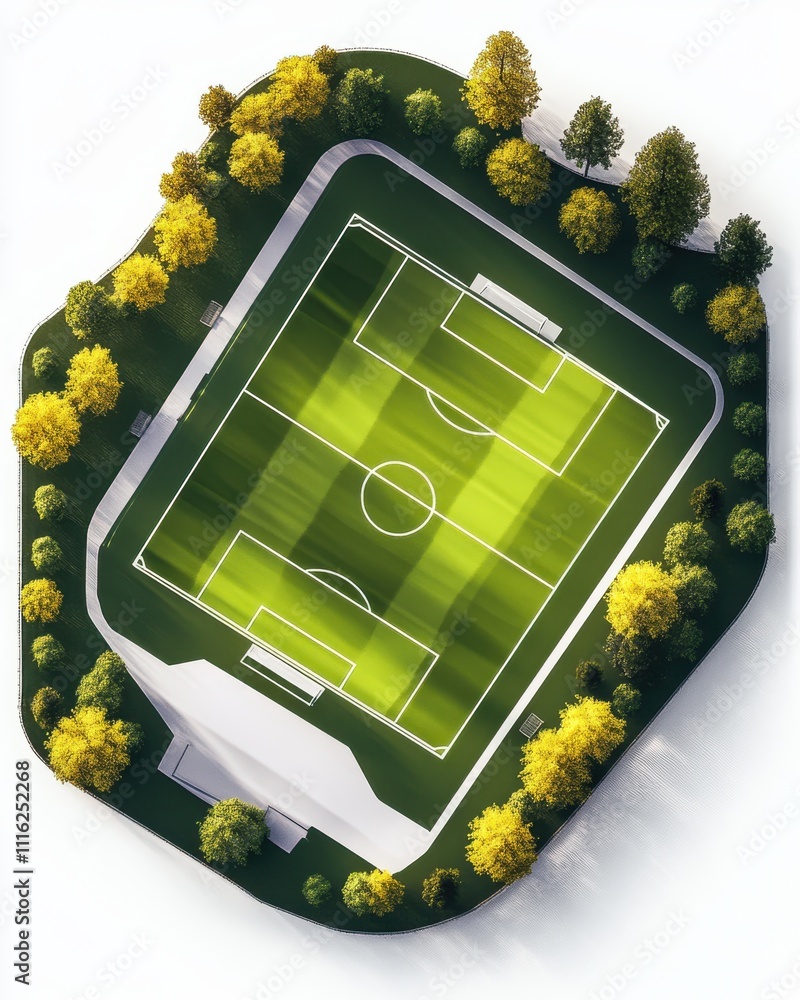 An aerial view of a small, inviting green football pitch surrounded by ...