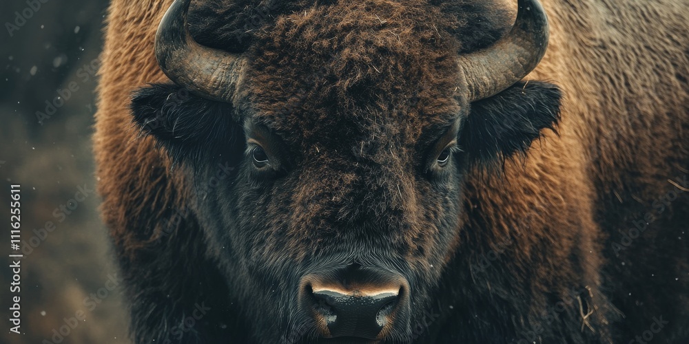 Close up of a bison showcasing its large body and impressive horns in a ...
