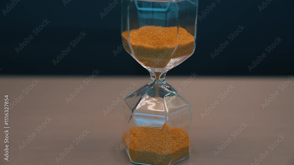 Sand clock with yellow sand flowing through glass chambers, symbolizing ...