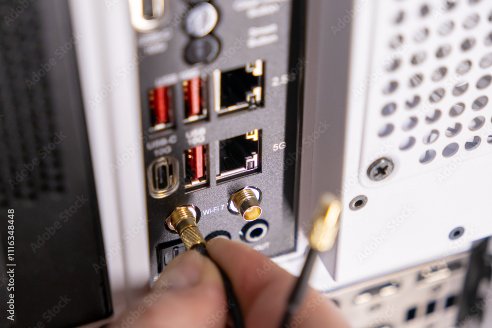 user connecting wifi antenna to pc io panel with 5g and usb ports in a ...