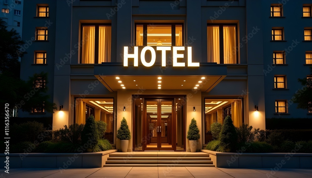 Outdoor front view of luxury hotel building entrance at night illuminated with glowing light ...
