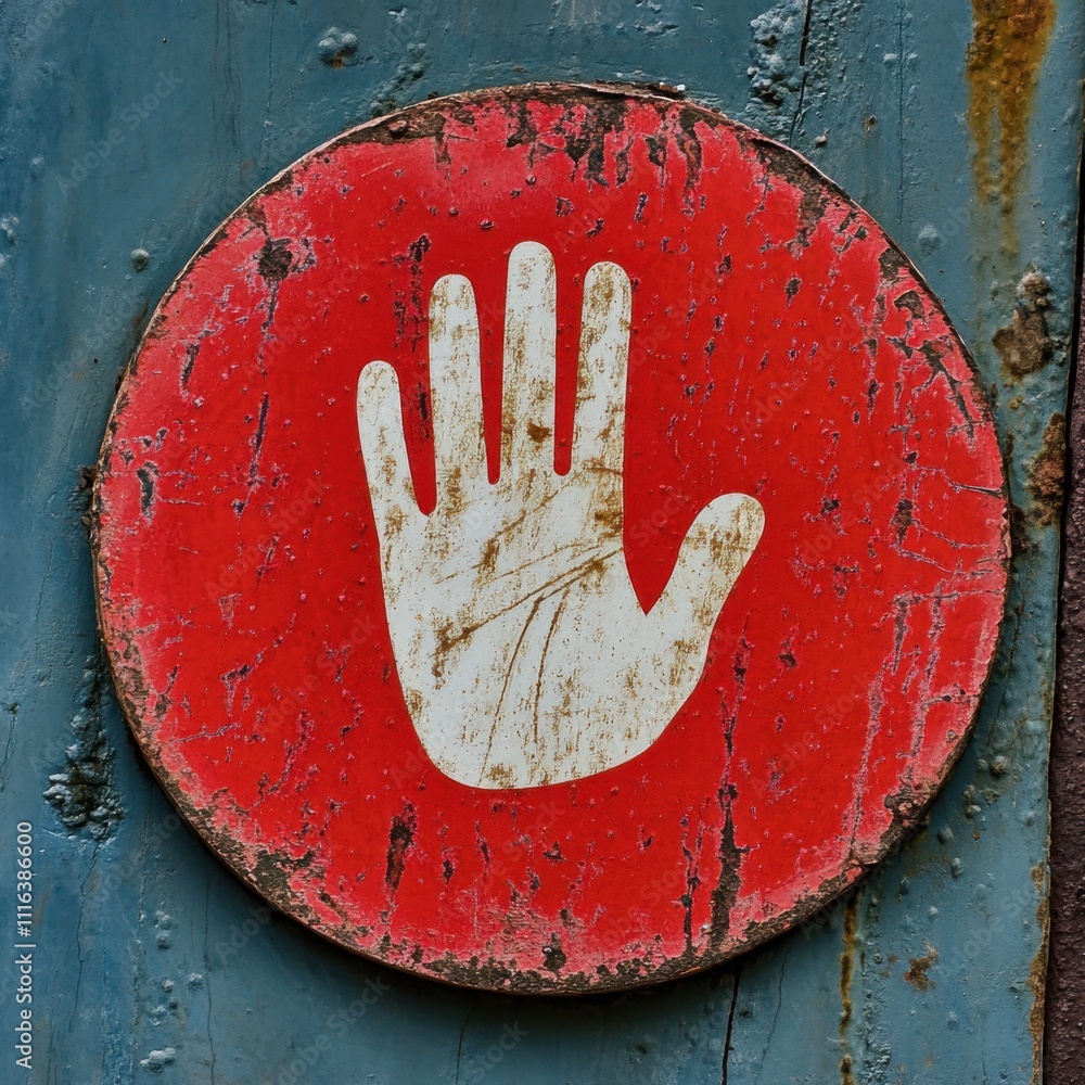 A weathered circular sign with a red background and a white hand symbol ...