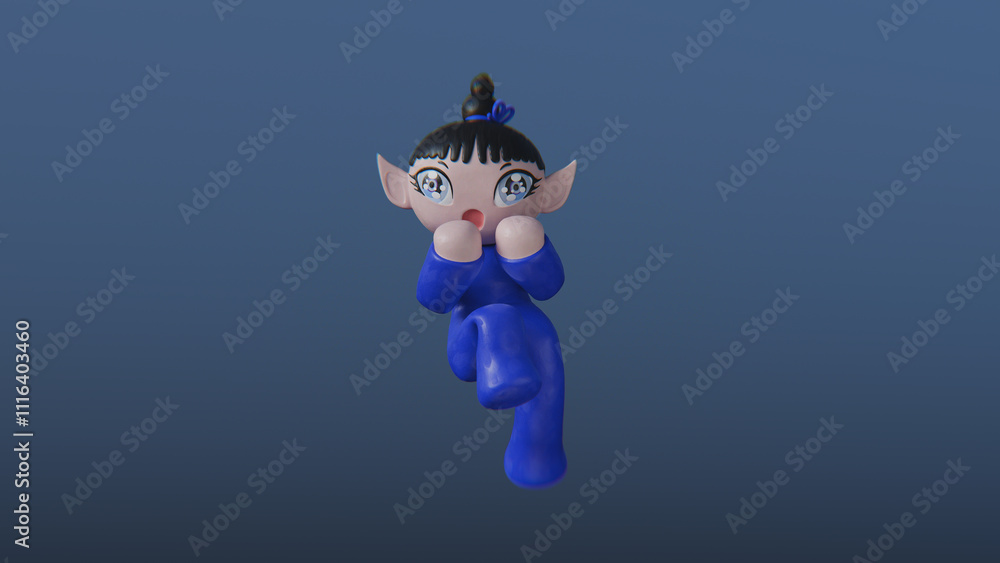 Cute anime chibi girl in a blue suit in a flying pose. Little kawaii ...