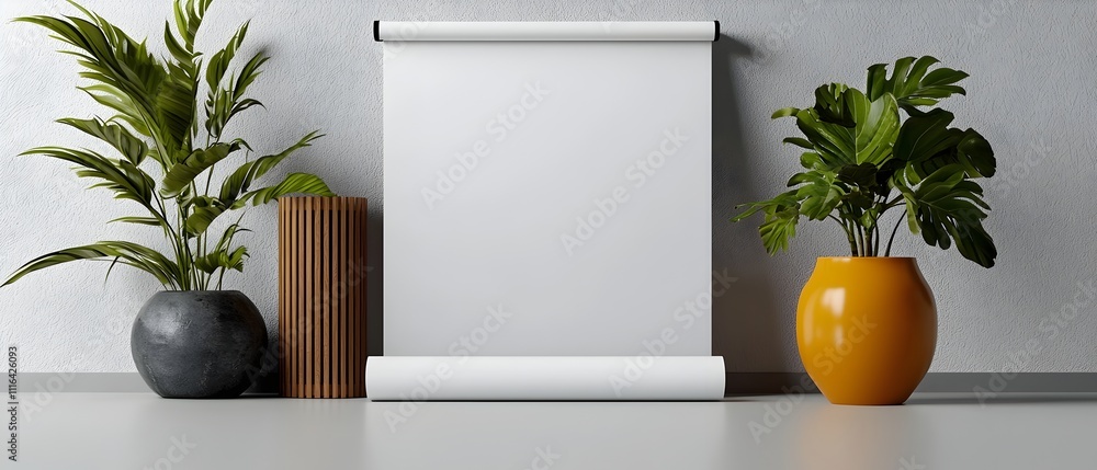 Plain white roll up display in a minimalist studio space featuring ...