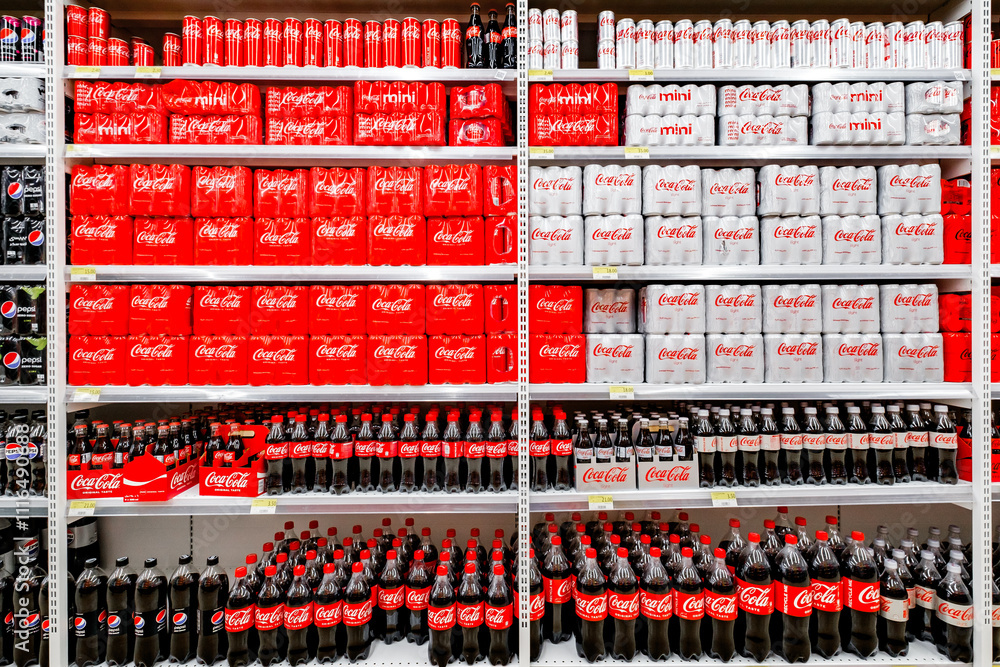 Dubai, UAE – october 16, 2024: sweet carbonated drink Coca Cola sold in ...