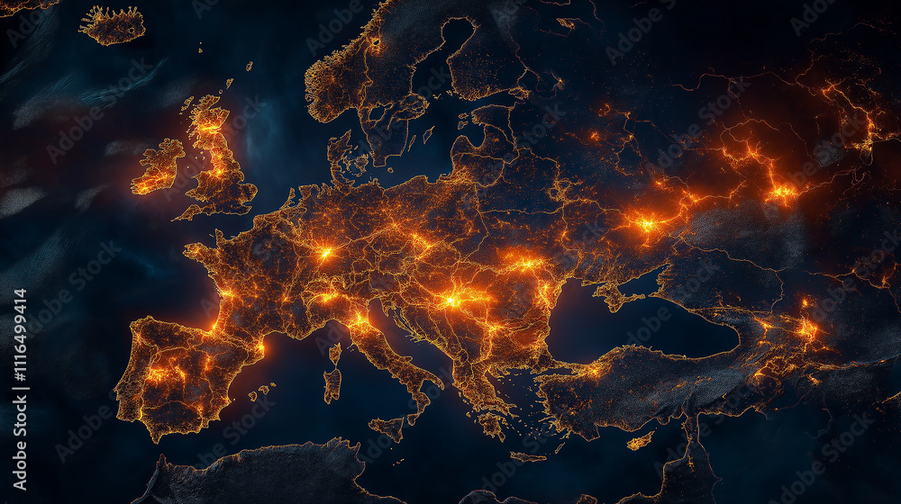 Map of Europe with glowing yellow and orange city lights at night ...