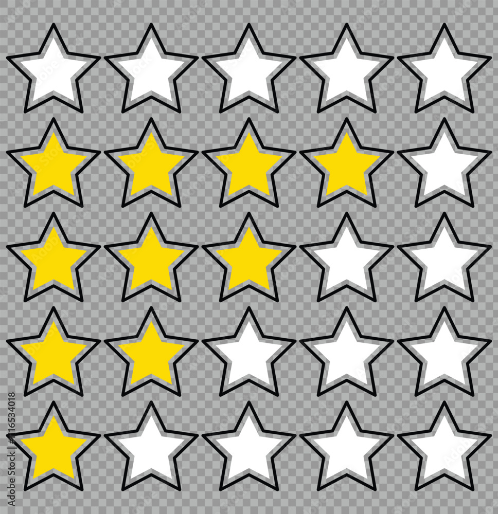 Gold Stars rating icon set, five star rating. One to five star rating ...