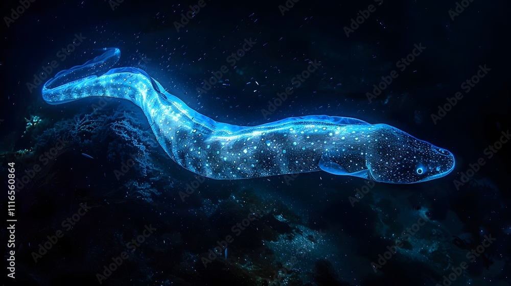 Poster Electric eel emitting an eerie glow in the pitch-black abyss of ...