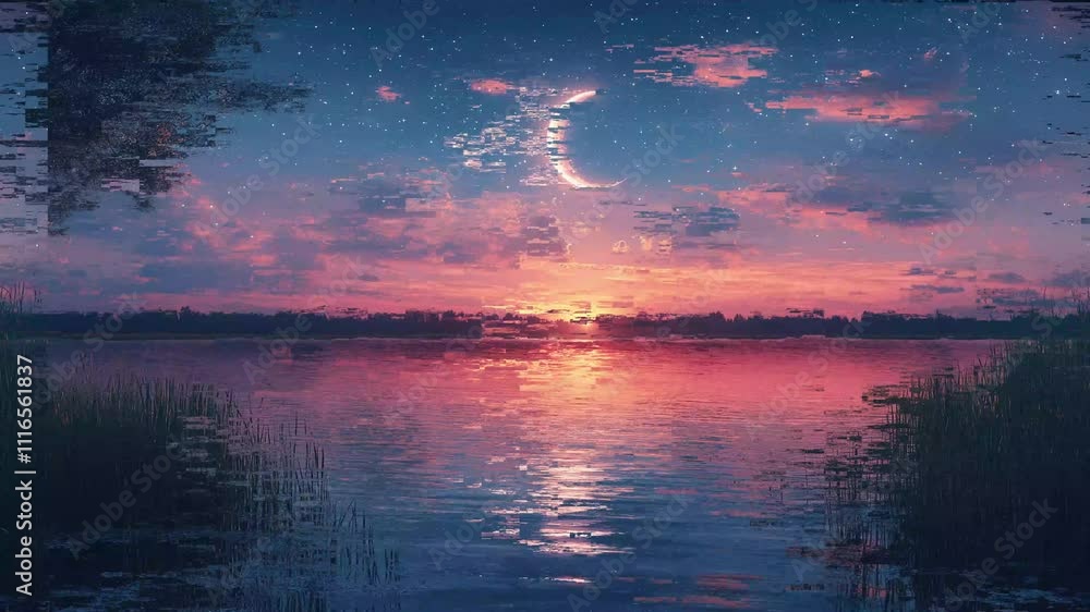 A serene lake captures the vibrant colors of sunset and a crescent moon ...
