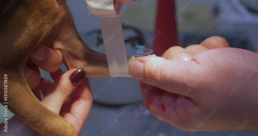 Close up of a veterinarian inserting an intravenous catheter into the ...