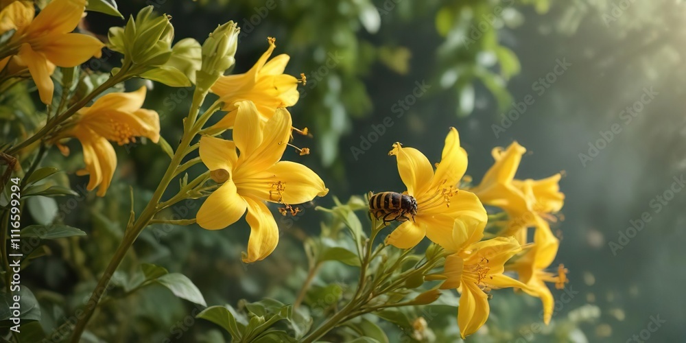 Bee beetle walking along the edge of a yellow trumpet vine flower ...