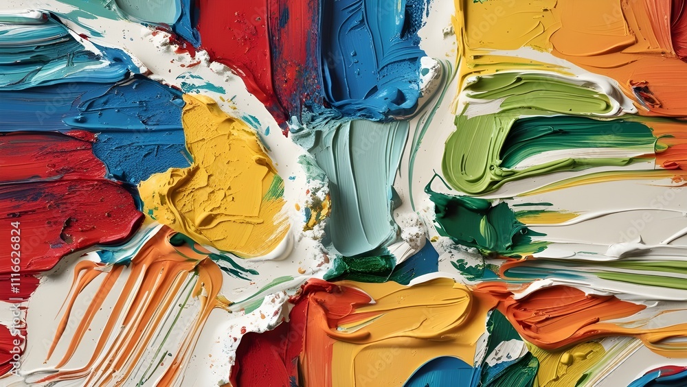 Colorful abstract oil painting features bold strokes in red, blue ...