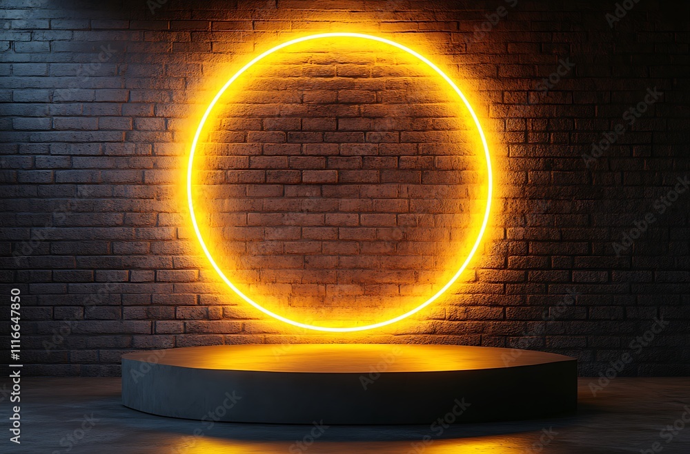Design a modern product display mock-up scene with a yellow neon light ...
