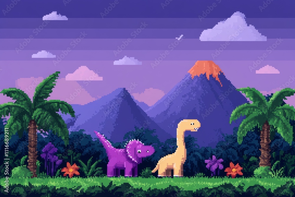 Two dinosaurs are walking in a jungle with a mountain in the background ...