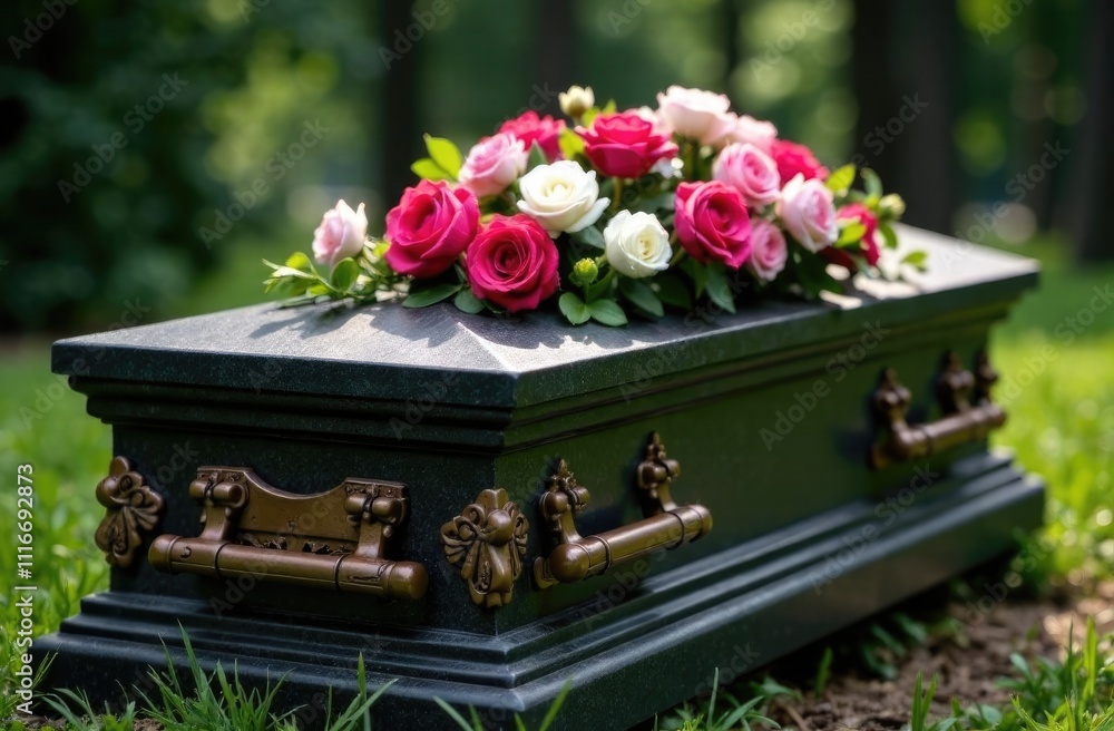 wooden coffin with flowers on the lid. Funeral farewell ceremony at the ...