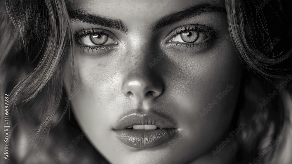 Portrait showcases a striking close up of a face with expressive ...