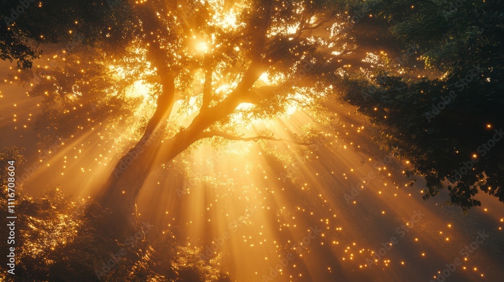 Golden light rays filtering through lush tree branches, creating a ...
