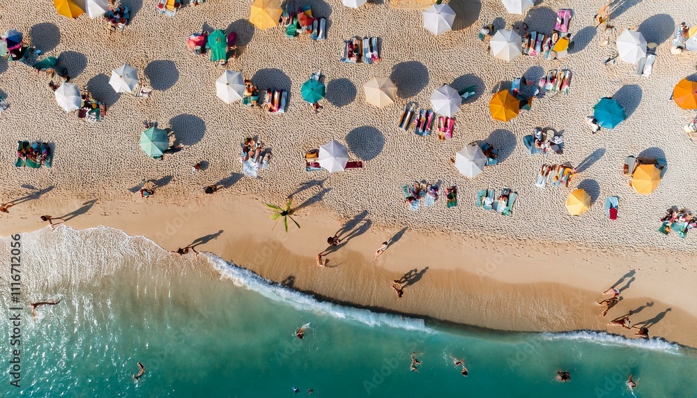 Top angle view of the beach and the ocean with beach goers; a view from ...
