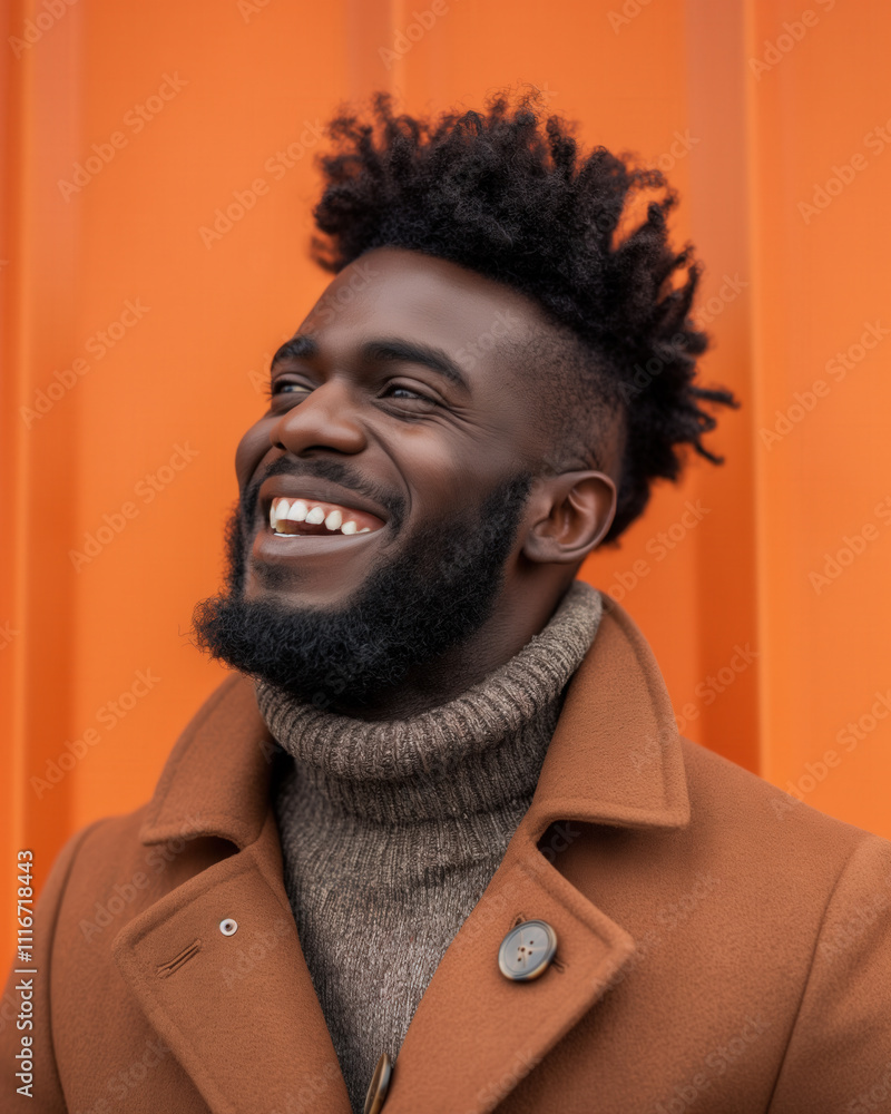 Smiling African-American male model showcases stylish outfits in urban ...
