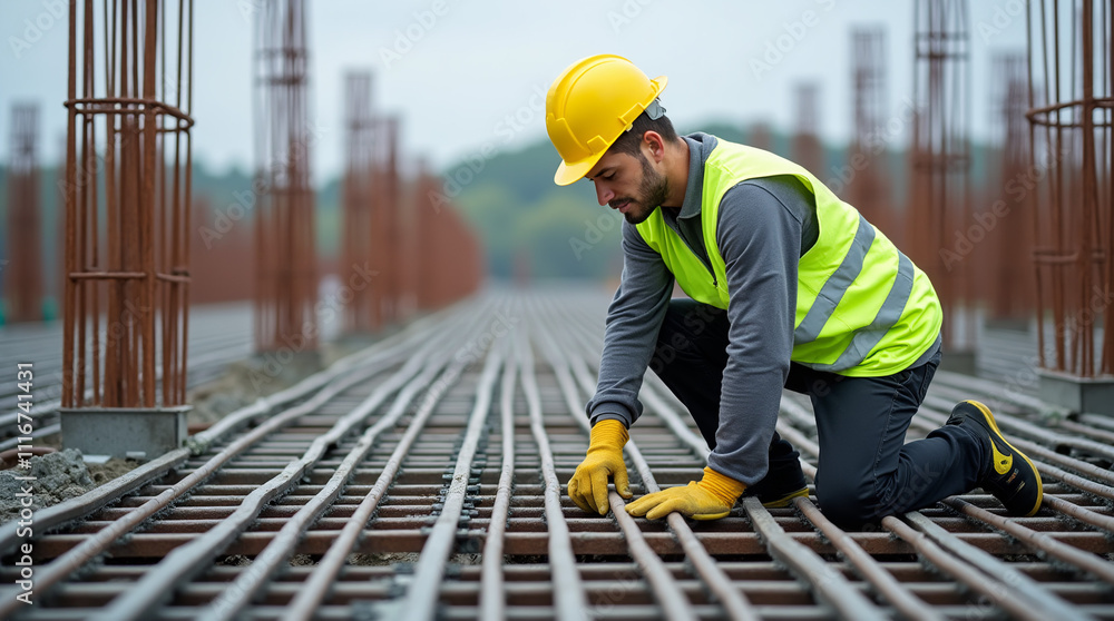 Man working on construction architecture with iron beams using safety ...