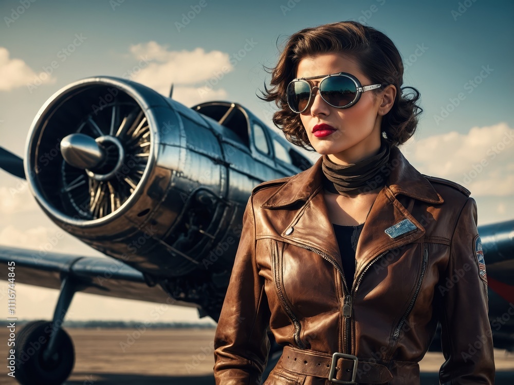 A striking woman dressed in dieselpunk attire, featuring leather and ...