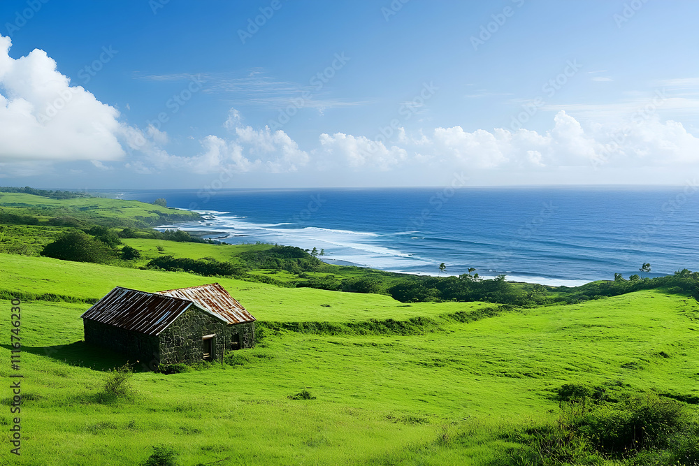 Traditional rural structure in a lush green field with scenic ocean ...