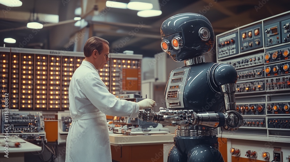 Scientist interacts with a humanoid robot in a vintage laboratory ...