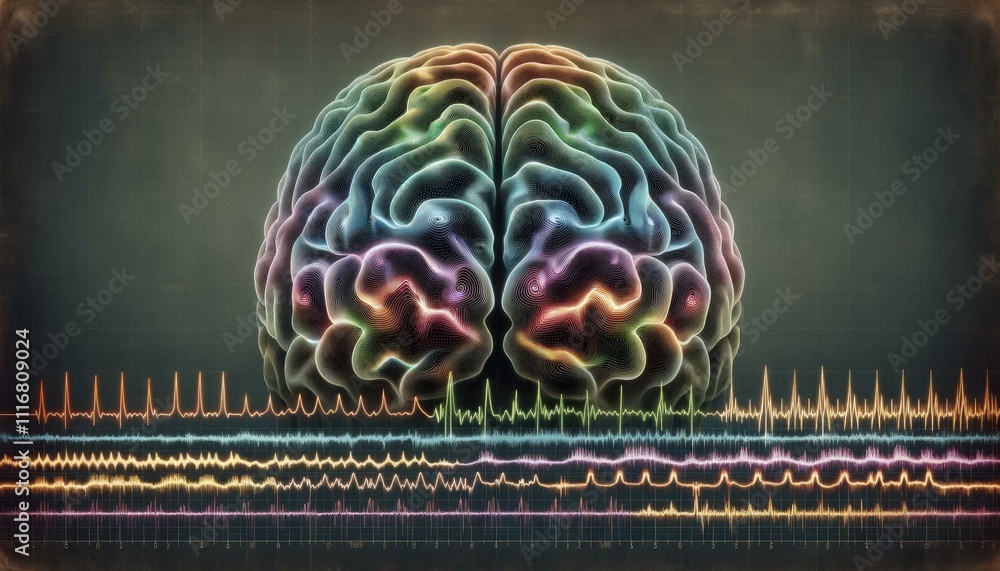 Colorful brain illustration with neural waveforms depicting cognitive ...