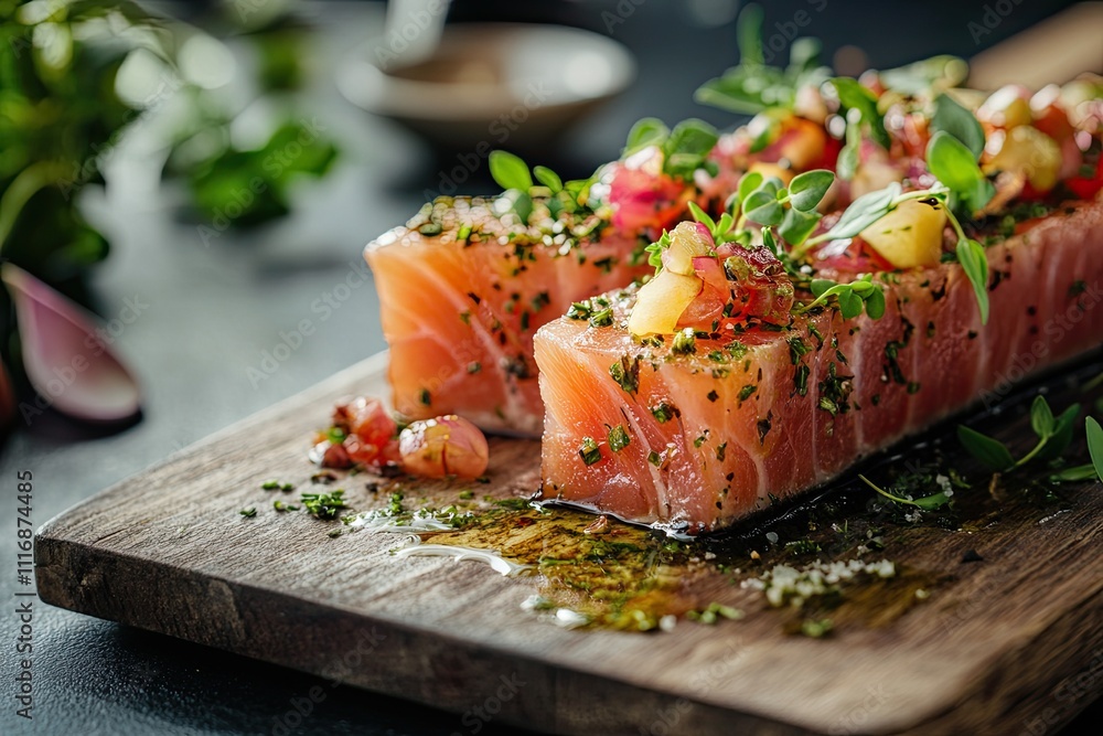 Tuna steak displayed on a cutting board with a garnish of herbs ...