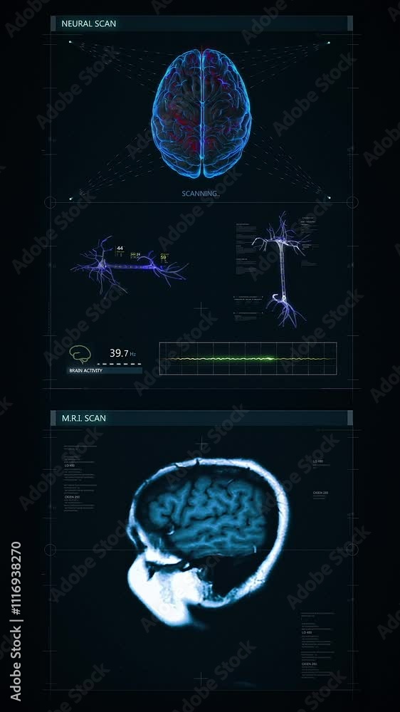 Futuristic technological interface analyzing human brain anatomy and ...